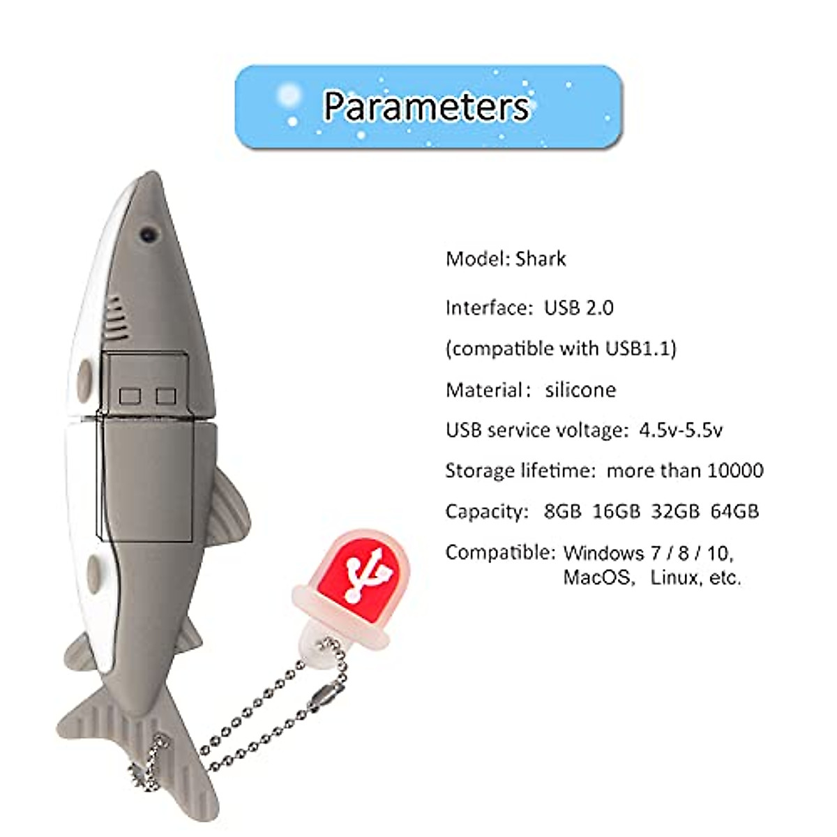 USB Flash Drive 64GB Cute Grey Shark Shaped USB Drive Thumb Drives USB 2.0 Memory Stick for External Data Storage