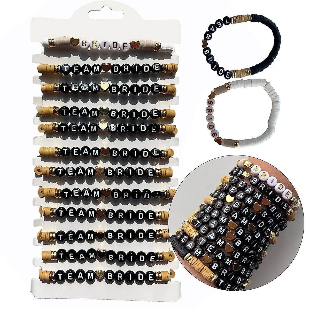 KIWILEPI Bachelorette Party Favors, 11pcs Black Bracelets for Team Bride 1pc White Bride Beaded Bracelet, Handmade Bridesmaids Gifts for Proposal Box Beach Wedding Party for Bride Tribe