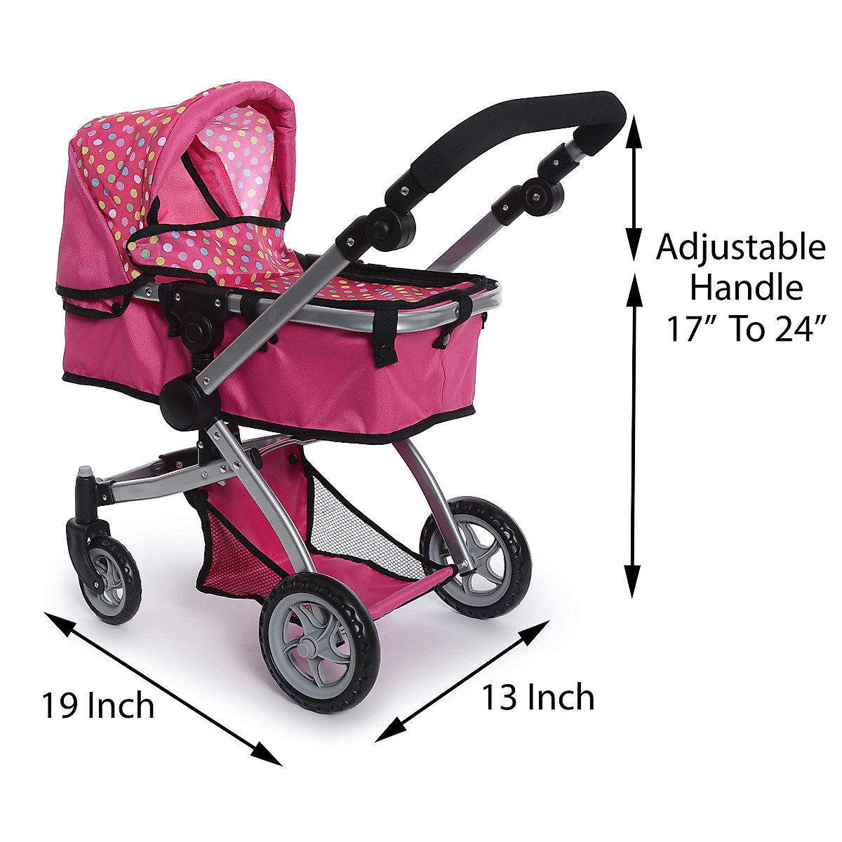 Fash N Kolor | Foldable Pram for Baby Doll with Flower Design with Swiveling Wheel Adjustable Handle Bassinet Stroller with Baby Doll, Convertible Seat, and Basket, and Free Carriage Bag