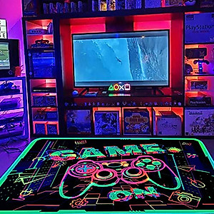 Csivoisw Gamer Area Rug Gaming Rug for Boys Bedroom Blacklight Game Printed Carpet Glow in The Dark Gamer Rug Playroom Large Non-Slip Rug Teen Boys Girls Game Room Floor Mat 60x39 Inch
