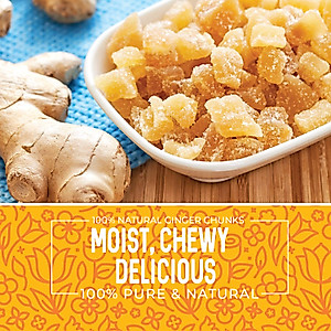 Dried Crystallized Ginger Chunks, 16 oz. Unsulphured Dried Ginger Candy, Candied Ginger Chunks, Caramelized Ginger Chews Candy, Unsulphured Crystalized Ginger Pieces. All Natural, Non-GMO, 1 Pound.