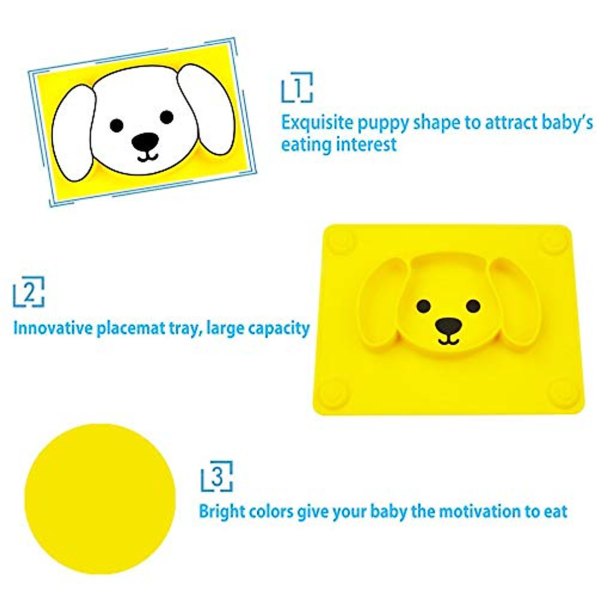 Qshare Toddler Plate, Portable Baby Plates for Toddlers and Kids, BPA-Free Strong Suction Plates for Toddlers, Dishwasher & Microwave Safe Silicone Placemat 11x8x1 inch (3Puppy-Yellow)