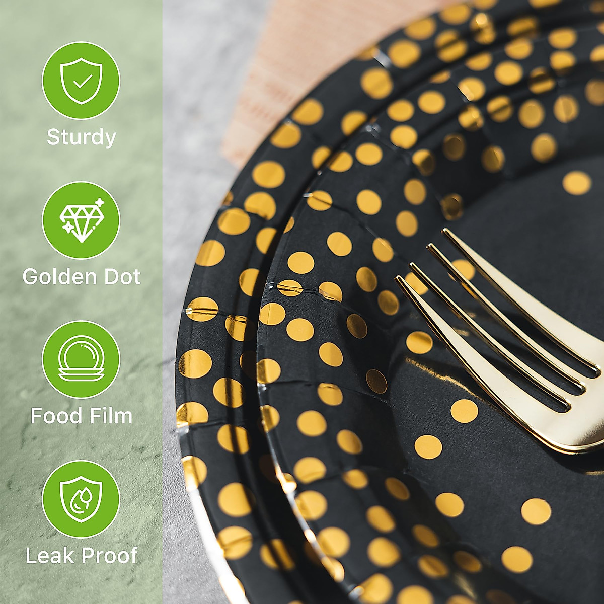 Lullaby 120PCS Black Paper Plates, Black and Gold Paper Plates, 60pcs Dinner Plates 9"，60pcs Dessert Plates 7", Disposable Graduation Plates with Golden Dot for Birthday party, Halloween