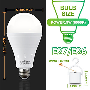 DABAOLUM 6 Pack Rechargeable Emergency Light Bulbs, Battery Powered LED Light Bulb 6000K Daylight E26 120 Volt 9W 60W Equivalent with 1200mAh for Home Power Outage Camping Hurricane
