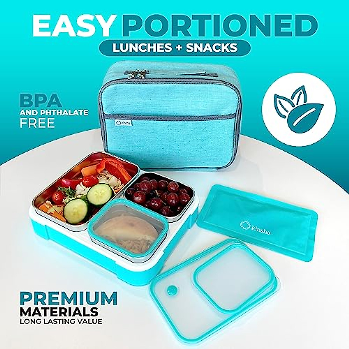 Stainless Steel Bento Lunch Box for Adults Kids with Insulated Bag and Ice Pack, Set of 3 Large Leakproof Meal Prep Food Containers for Men or Women, Lunch-Boxes for Work or School, 42 oz Teal Blue