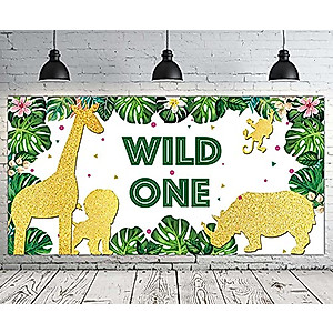 TUTA Large Wild One Banner | 1st Birthday Party Supplies Decoration | Jungle Safari Animal 1st Bday Party Banner | Baby First Birthday Backdrop Background for Boy or Girl Green - 6.6 x 3.3 FT