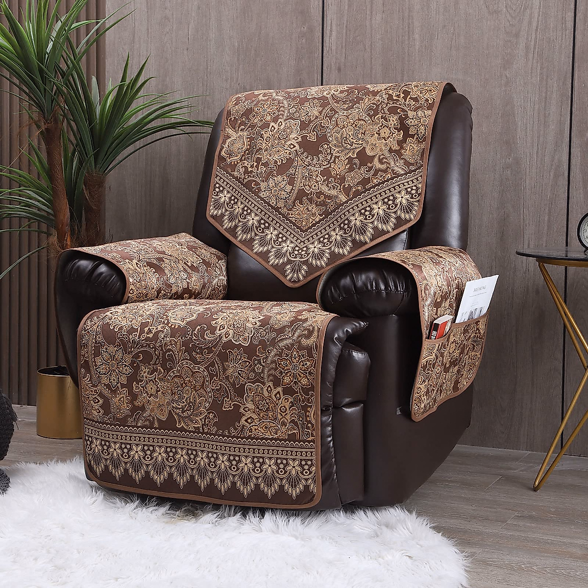 LUFEIJIASHI Recliner Chair Covers Non Slip Waterproof Large Recliner Covers for Leather Recliner,Electric Reclining Chair Covers for Living Room Dog Sofa Recliner Cover Furniture Protective Brown