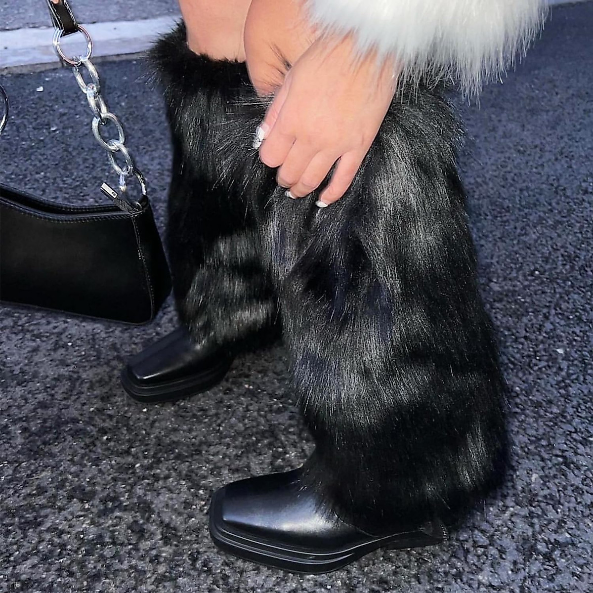 OSPNIEEK Fur Leg Warmers, Furry Leg Warmers for Womens, Faux Fluffy Leg Warmer, Soft Fuzzy Leg Warmer Boot Cuffs Covers for Winter Warm, Christmas, Halloween, Cosplay Party (Black)