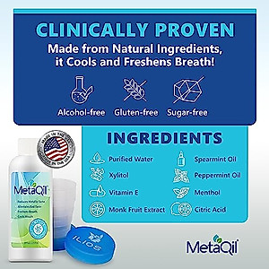 MetaQil Oral Rinse, Relieve Metallic, Bitter and Other Taste Disorders, Made from Natural Ingredients, Cools and Freshens Breath, 8 oz Bottle, 2 Count. Contains A Free Ilios Travel Cup