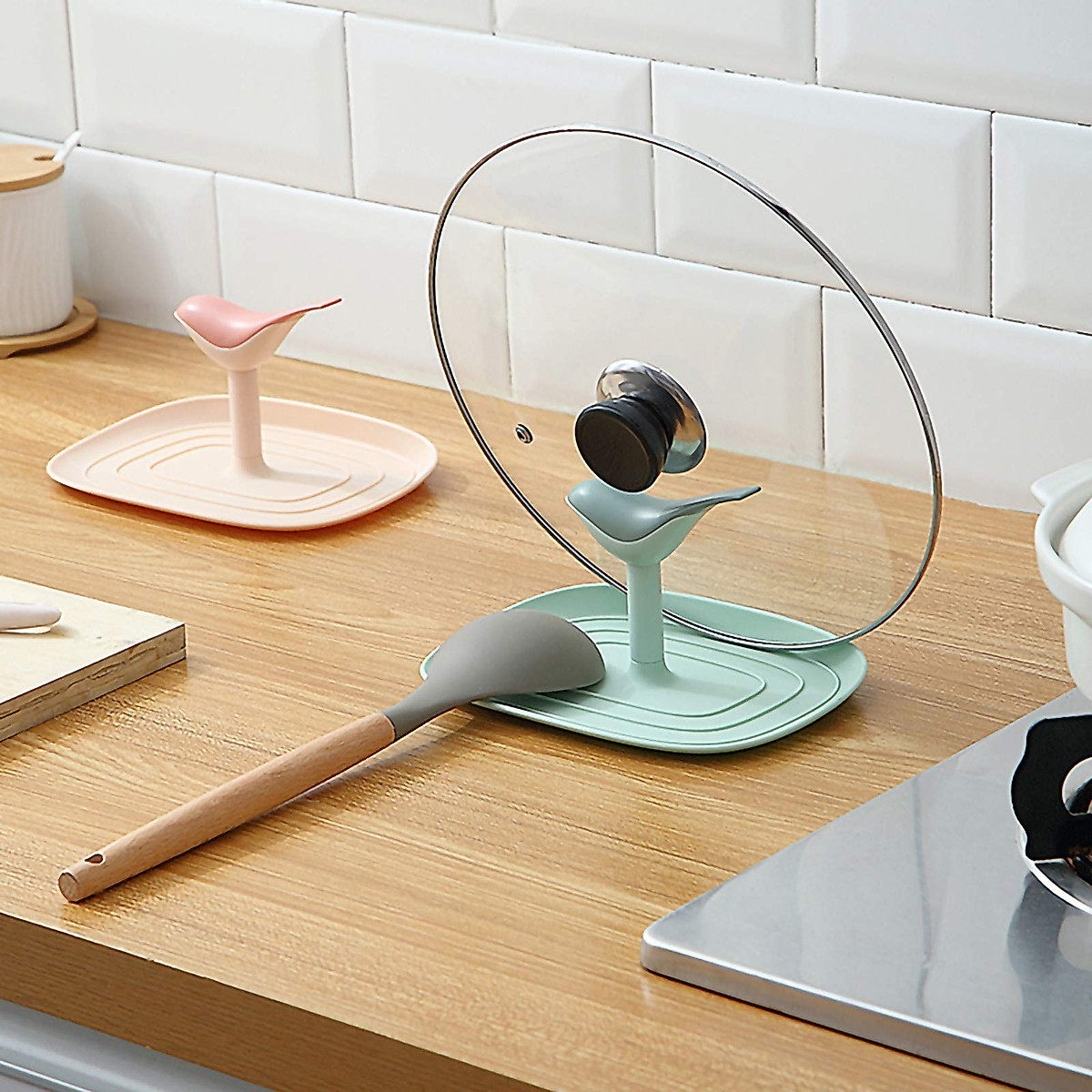 JHZDX Spoon Rest & Pot Lid Holder, Stove Top Birds Shape Kitchen Utensil with Drip Pad for Multiple Utensils Multifunctional Storage Rack Eco-friendly, Stand for Spoons Lids Spatula Tongs(green)