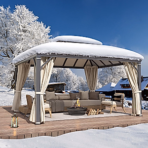 YOLENY 12'x14' Hardtop Gazebo, Permanent Outdoor Aluminum Patio Gazebo with Aluminum Composite Double Arc Roof for Patio Lawn and Garden, Curtains and Netting Included