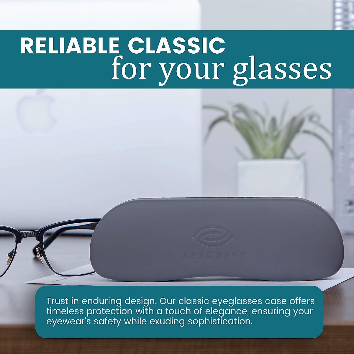 SpecNest Eye Glass Case - Thin and Slim Hard Shell Glasses Case for Eyeglasses - Stainless Steel Shell with Vegan Leather for a Modern Professional Look - Hard Glasses Case