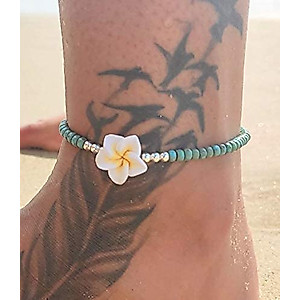 Boho Beaded Anklet for Women and Teen Girls, Unique Bohemian Turquoise and Sterling Silver Beaded Anklet with Hawaii Hawaiian Plumeria Flower, Handmade by Tribes