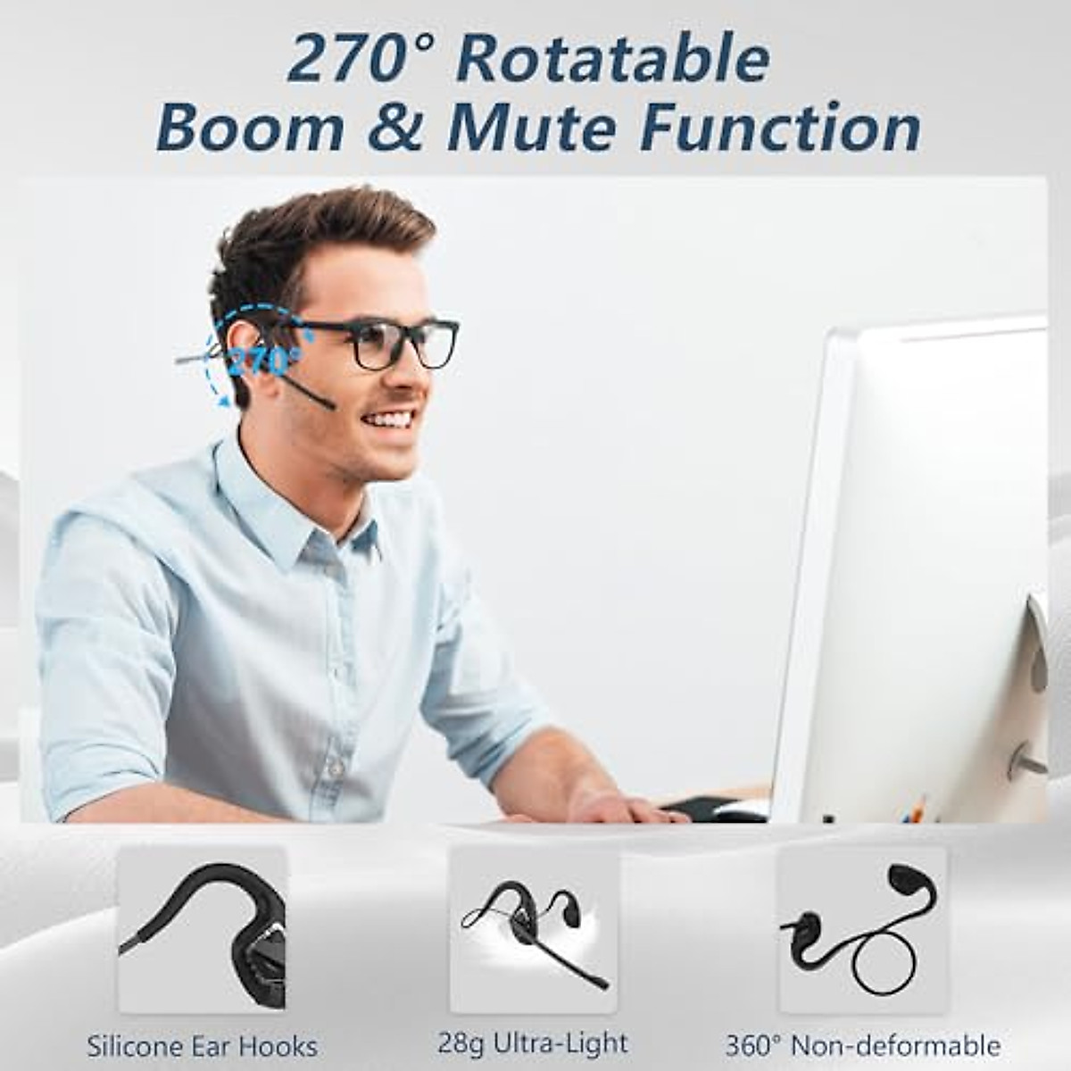 BANIGIPA Bluetooth Headset with Microphone, Wireless Headset w/Noise Canceling Boom Mic, Open Ear Headphones for Phone Laptop PC Computer, Light and Comfortable for Office Meeting Home Working-10 Hrs