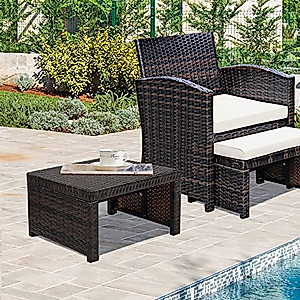 HAPPYGRILL 2 Piece Outdoor Wicker Ottomans, Patio Rattan Footstool with Cushions, Solid Steel Frame, Multifunctional Ottomans for Poolside Backyard Balcony