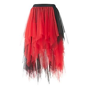 Awoscut Women Girl Mesh Tutu Midi Skirts Elastic High Waist Irregular Ruffles Multi-Layered Tulle Tutu Swing Skirts (03 Red, M)