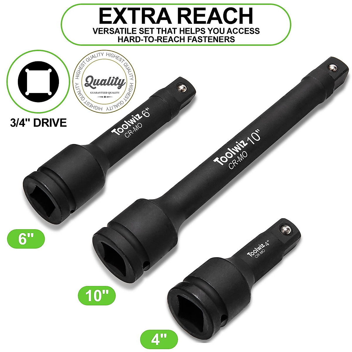 Toolwiz 3/4” Drive Impact Extension Bar 4”, 6”, 10” (3 Piece) Cr-Mo Steel, Expand the Range of Impact Drivers, Organized in PVC Box - Black 3/4 Drive Impact Socket Set 3/4 drive socket set