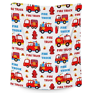 Fire Truck Blanket - Soft, Fuzzy & Warm - 40x50 Inches Small Throw Blankets for Couch, Sofa - White Cute Throw Gift for Girls, Boys