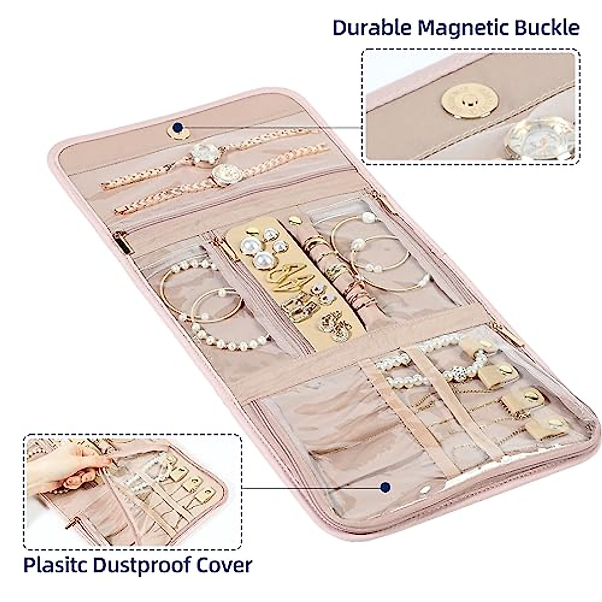 NISHEL Travel Jewelry Organizer Roll, Transparent Foldable Case for Necklaces, Earrings, Rings, Bracelets, Watch, Pink