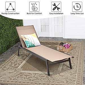Tangkula Outdoor Chaise Lounge Chair, 6-Position Adjustable Reclining Chair with Breathable Fabric and Heavy Duty Steel Frame, Patio Lounge Chair for Garden, Backyard and Poolside (1, Brown)