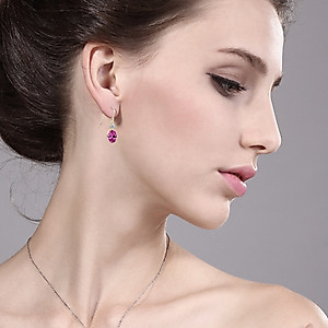 Gem Stone King 14K Yellow Gold Pink Created Sapphire and White Diamond Hook French Fish Ear Wire Dangle Earrings For Women (3.50 Cttw, Gemstone September Birthstone, Oval 8X6MM, Round 3MM)