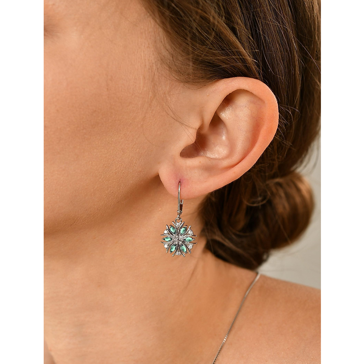 YL Snowflakes Earrings Sterling Silver Dangle Drop Earrings Created Emerald Leverback Jewelry for Women