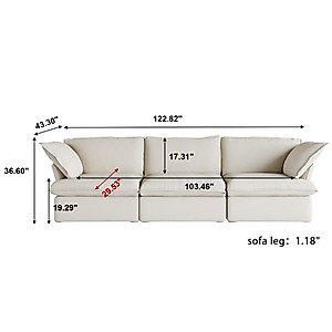 Sectional Cloud Couch, 122.82" Modular Convertible Couch with Storage Ottoman, Cushion Covers Removable, Deep 3-Seat Sleeper Sofa, Comfy Upholstered Furniture for Living Room, Beige