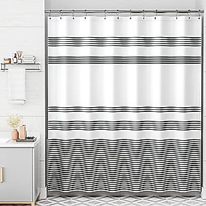 AmazerBath Shower Curtain, Striped Black Fabric Shower Curtain Set with 12 Shower Curtain Hooks, Rustic Cloth Black and White Shower Curtain, Cute Farmhouse Bathroom Shower Curtain Sets, 72x72 Inches
