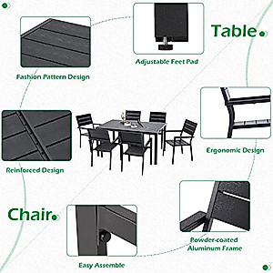 AECOJOY 7 Piece Outdoor Dining Set, Aluminum Patio Table and Chairs Set for 6 with Rectangular Table and Stackable Chairs for Garden, Backyard, Black