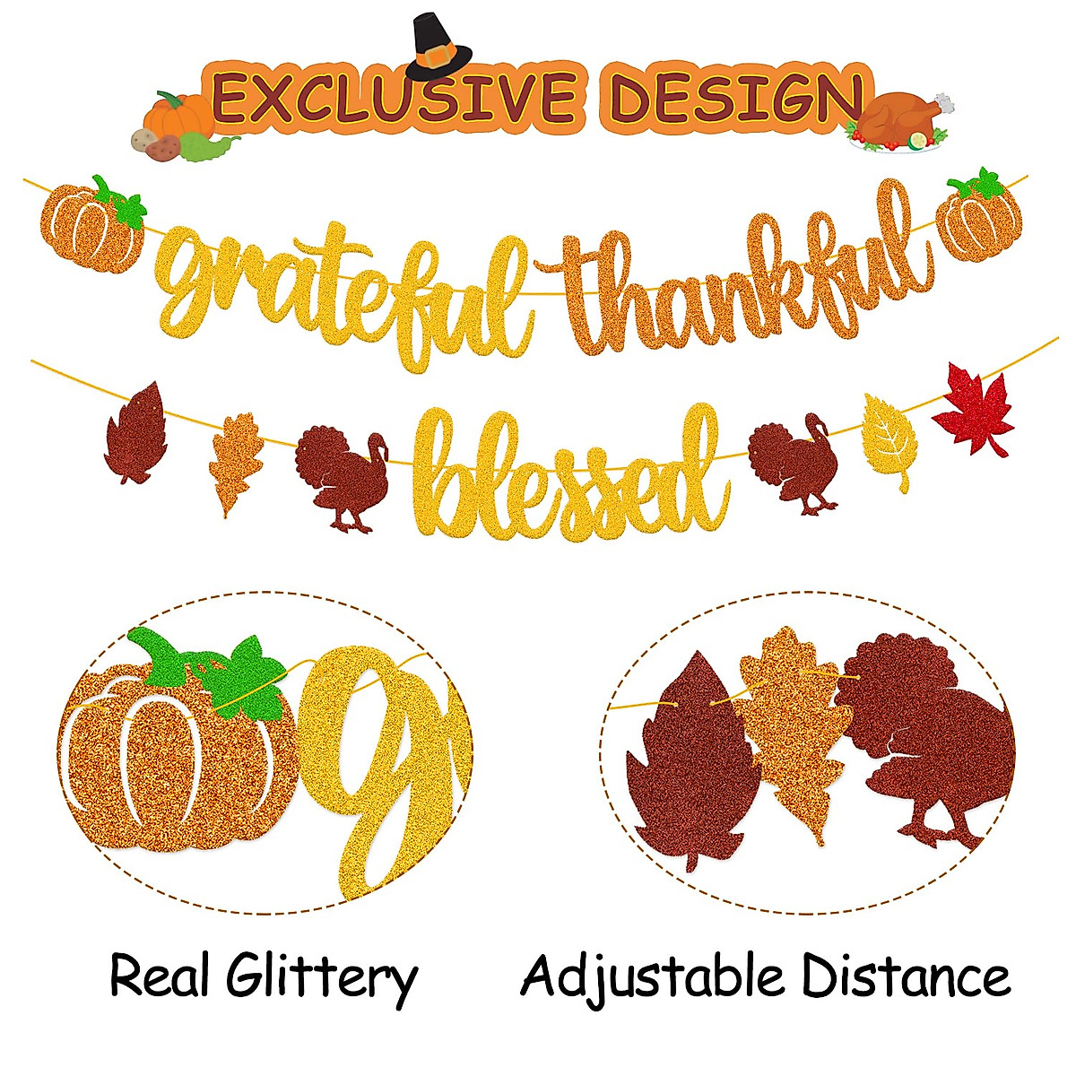 Grateful Thankful Blessed Banner Fall Autumn Leaves Turkey Thanksgiving Day Theme for Happy Thanksgiving Party Supplies Glitter Gold Decorations