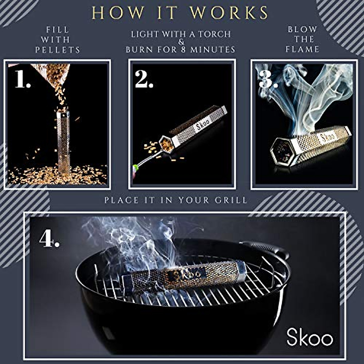 Skoo Pellet Smoker - BBQ Hexagonal Smoking Tube + Brush + Hook + Free EBook + Digital User Guide - 5 Hours of Billowing Smoke - For Electric, Gas, Charcoal Grills or Smokers