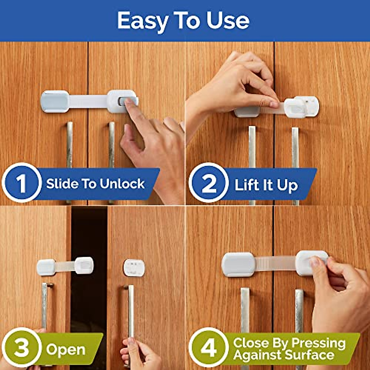 Child Safety Strap Locks (4-Pack) Baby Locks for Cabinets and Drawers, Toilet, Fridge & More. 3M Adhesive Pads. Easy Installation. (White/Gray)