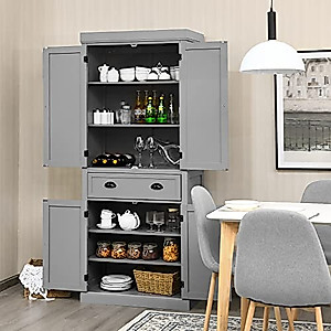 MAT EXPERT Kitchen Pantry Cupboard Cabinet, Freestanding Storage Cabinet w/Drawers & Adjustable Shelves, 4-Door Wooden Storage Organizer for Living Room/Kitchen/Bedroom (Gray)