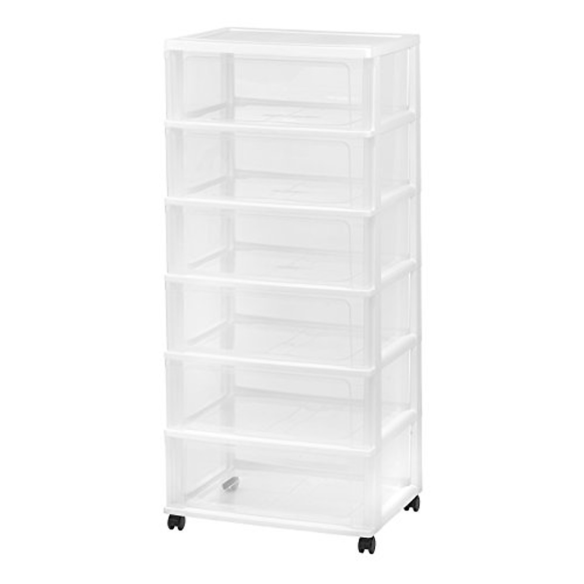 IRIS USA Plastic 6 Drawer Wide Storage Drawer Cart with 4 Caster Wheels for Home, Closet, Bedroom, Bathroom, Office, Laundry, Kitchen, Craft Room, Nursery and School Dorm, White/Clear, Set of 1
