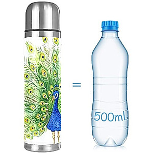 Watercolor Style Peacock Stainless Steel Water Bottle Leak-Proof, Double Walled Vacuum Insulated Flask Thermos Cup Travel Mug 17 OZ