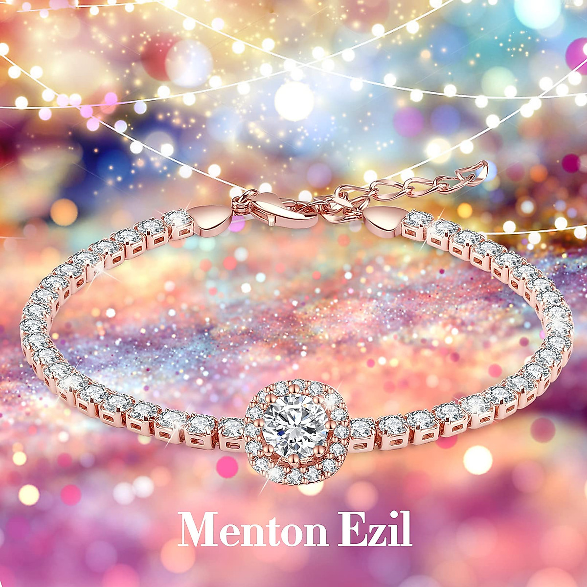 Menton Ezil Fasion Jewelry Tennis Bracelets For Women 18K Gold Plating Adjustable Bracelets And Earring Sets With Crystal For Wife Girlfriend Or Mothers Idea Gift For Mother's day (Rose Gold)