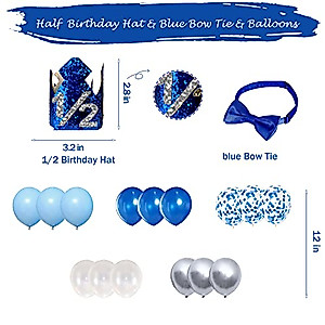 Half Birthday Decorations Baby Boy, Hombae 1/2 Birthday Boy Decorations Supplies, 6 Months Birthday Decorations Boy, Blue Glitter Half Birthday Banner with Triangle Flag Banner, 1/2 Birthday Hat Crown with Blue Bow Tie, Halfway to One Cake Topper, Blue Gr