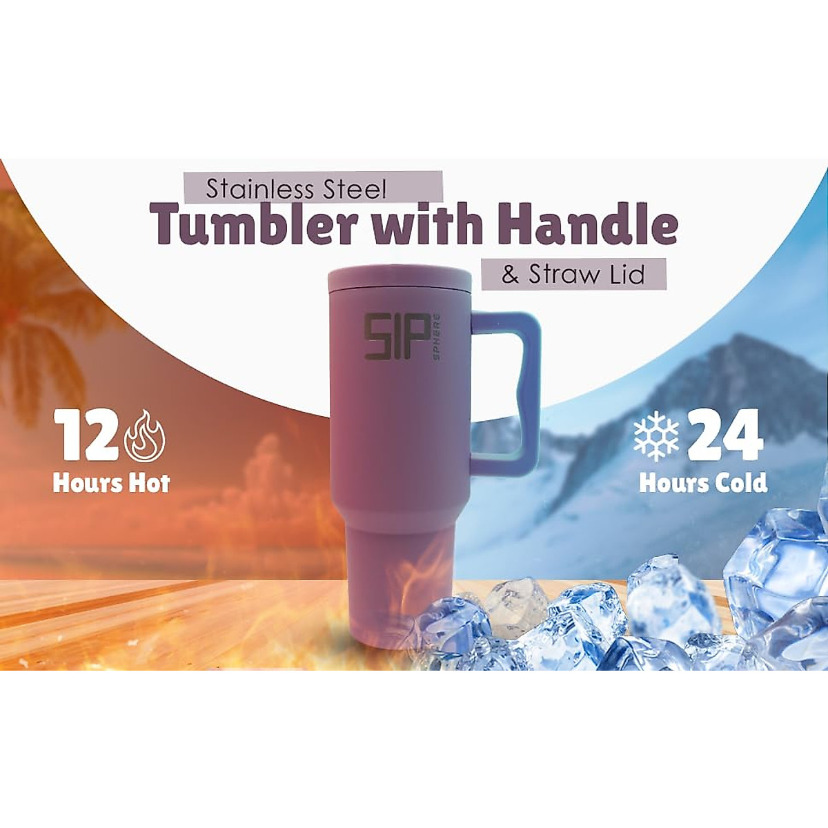 SIP SPHERE Tumbler 40oz Insulated Travel Mug with 2 Straws Double Wall Vacuum Insulated Car Cup Keeps Drinks Hot & Cold (Feather Purple)