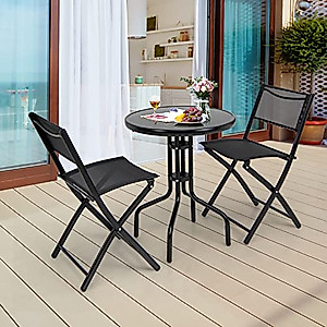 Custpromo Patio Bistro Set, Reinforced Glass Top and Rust-Proof Steel Frame, 3 Piece Foldable Garden Table and Chairs, Black