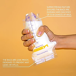 Kunuz Trendz Breastmilk Storage Bags - 250-Count, 8oz/240ml, Pre-Sterilized Breast Milk Pouches with Temperature Sensor, Dual Zip-Locking Seal,Capacity Markings - Nursing & Breastfeeding (250 Count)
