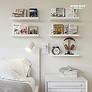 RICHER HOUSE 5 Set White Floating Shelves, Wall Mounted Shelves for Wall Decor, Modern Picture Ledge Shelf with Lip for Wall Storage Nursery, Bedroom, Living Room, Bathroom - White
