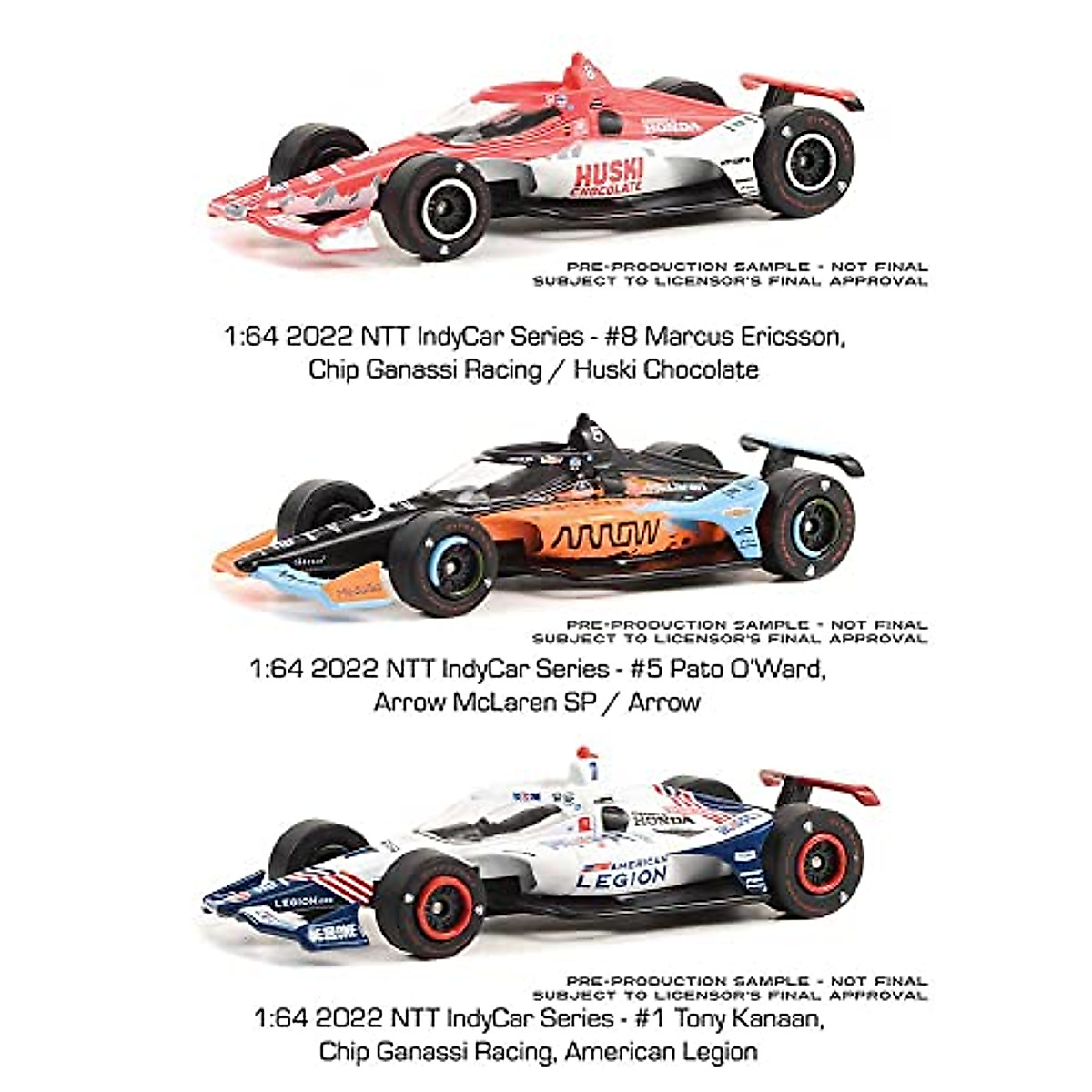 Greenlight 11545 2022 Indianapolis 500 Podium 3-Car Set - #8 Marcus Ericsson, #5 Pato O'Ward, #1 Tony Kanaan, 1/64 Scale