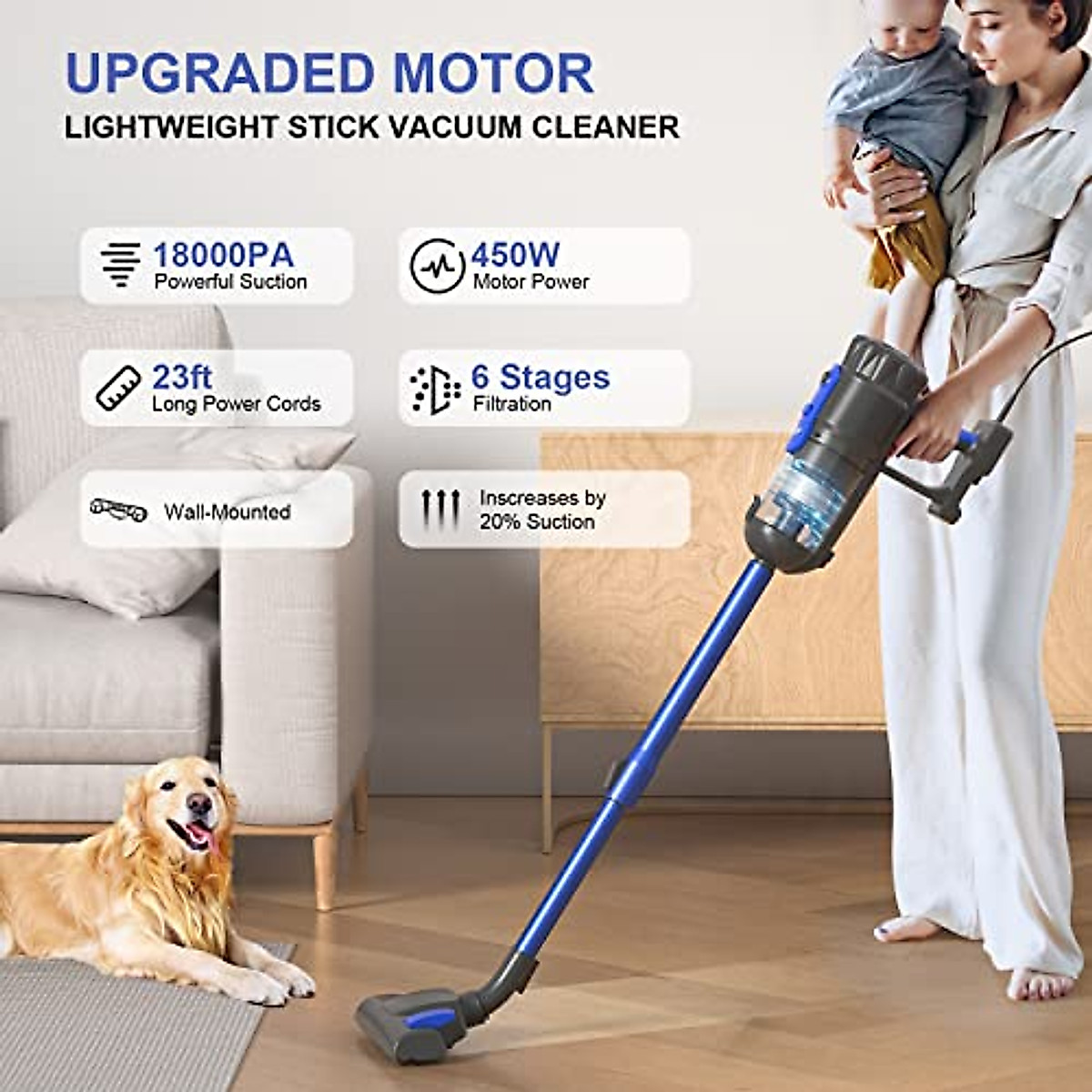 W10 Corded Stick Vacuum, Vacuum Cleaner with 18Kpa Powerful Suction, 6 in 1 Lightweight Corded Vacuum Cleaner for Pet Hair Hard Floor