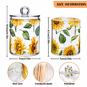 ALAZA 2 Pack Qtip Holder Dispenser for Cotton Ball Yellow Sunflower Cotton Swab Cotton Round Pads Clear Plastic Acrylic Jar Set Bathroom Canister