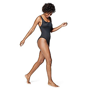 Speedo Women's Standard Swimsuit One Piece Logo Back Strap Contemporary Cut, Rib Black, 12