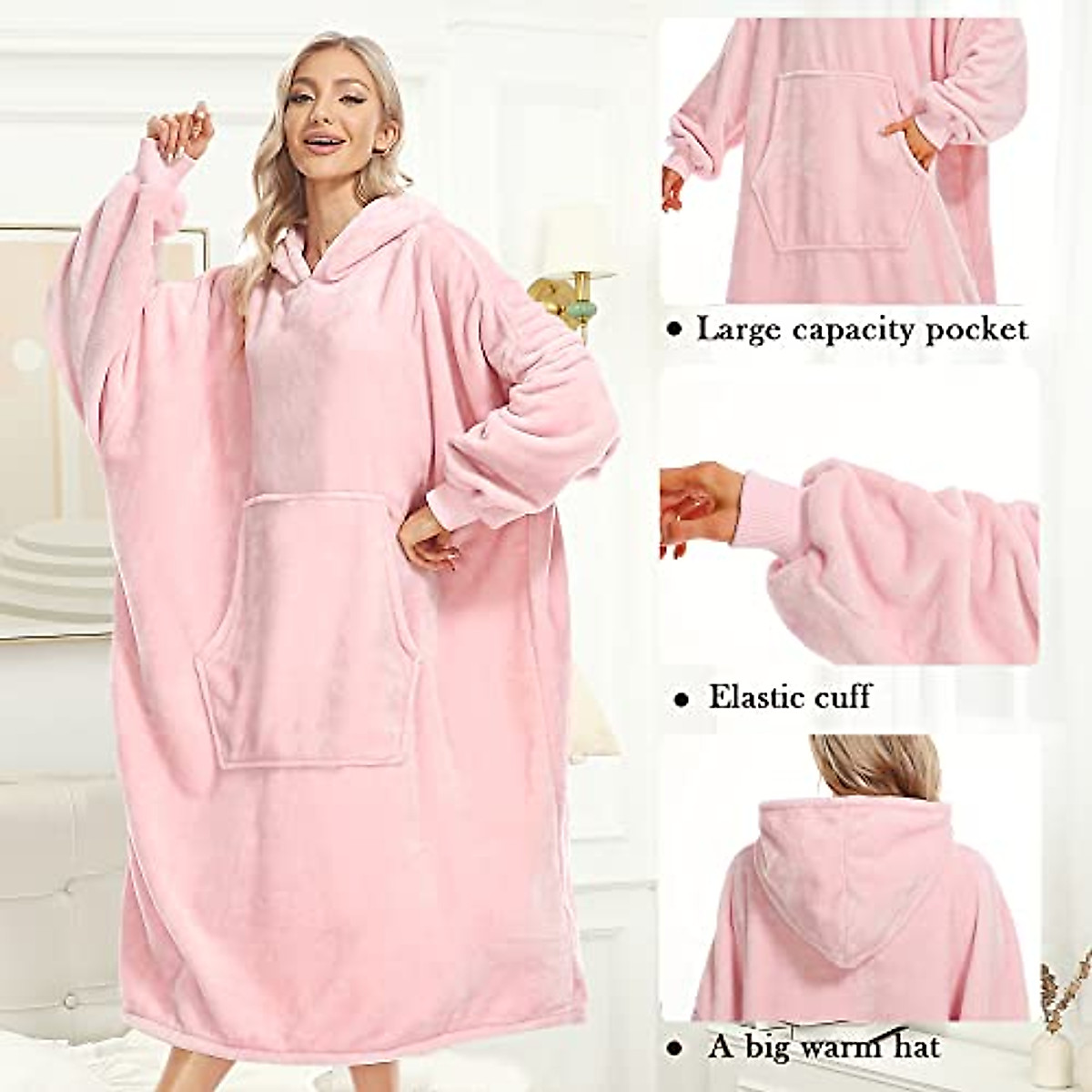 Kipswiza Wearable Hoodie Blanket for Women Flannel Warm Lightweight Long Blanket Thick Soft Big Hooded Sweatshirt Blanket for Adults Womens Girls Teenagers Teens Gifts Light-Pink