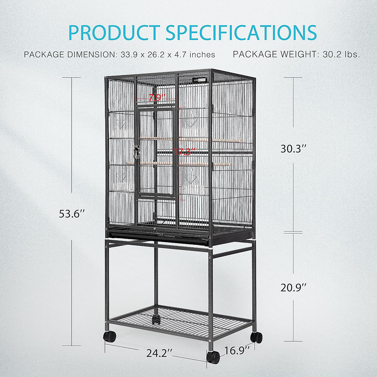 VIVOHOME 54 Inch Wrought Iron Large Bird Flight Cage with Rolling Stand for Parakeets Canaries Cockatiels Lovebirds Conures, Black