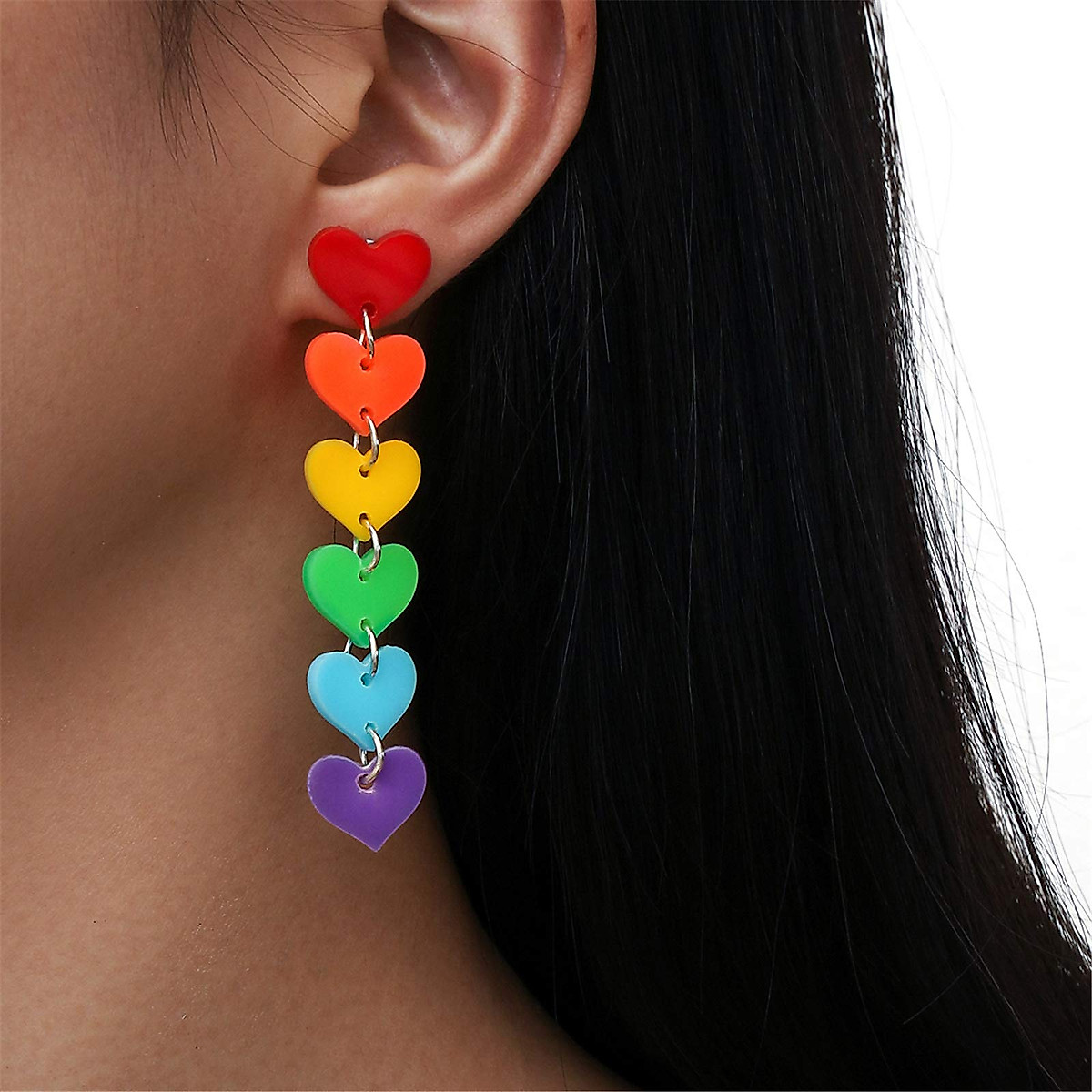coadipress Heart Rainbow Chain Stud Earrings for Women Cool Weird Lightweight Resin Acrylic Personality Dangle Drop Earrings Jewelry (7 Color Heart)