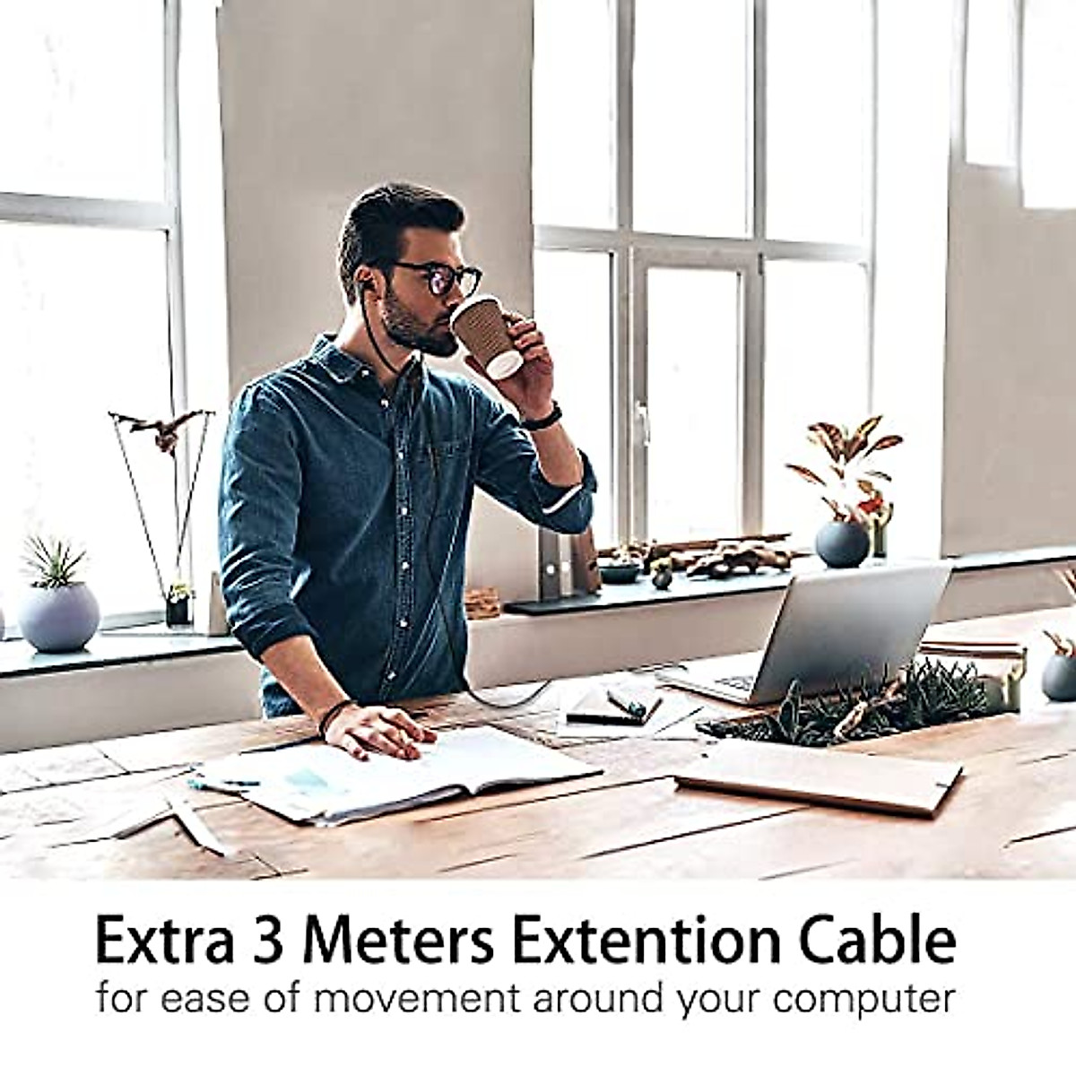 SIMOLIO Anti-Dropping Wired TV Earphone with Volume Control, Extra Long Cord Headphone with Mic for TV, PC, RCA & 3.5mm Cable Included, 14.9ft Extension Cable Earphone, Extra Soft Ear Tips, SM-901TV