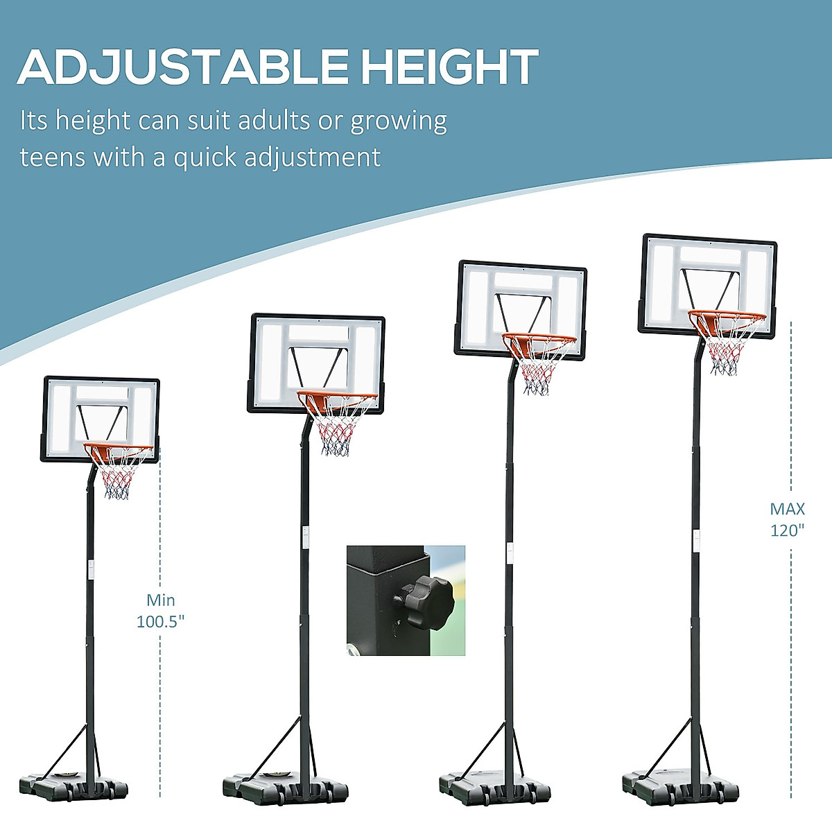 Soozier Portable Basketball Hoop, 8.4-9.8ft Height Adjustable, Basketball Goal with 34in Backboard and Wheels for Indoor Outdoor Use